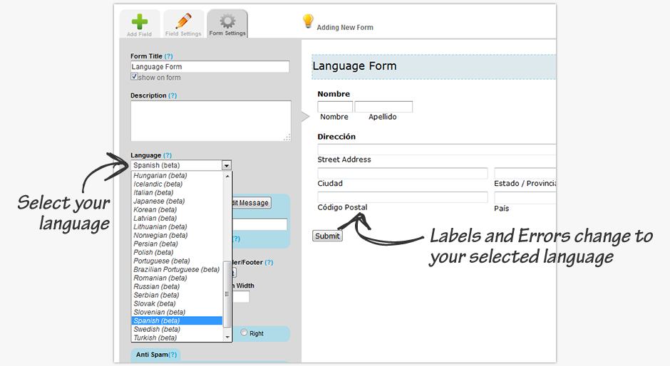 Select your language for forms or surveys.